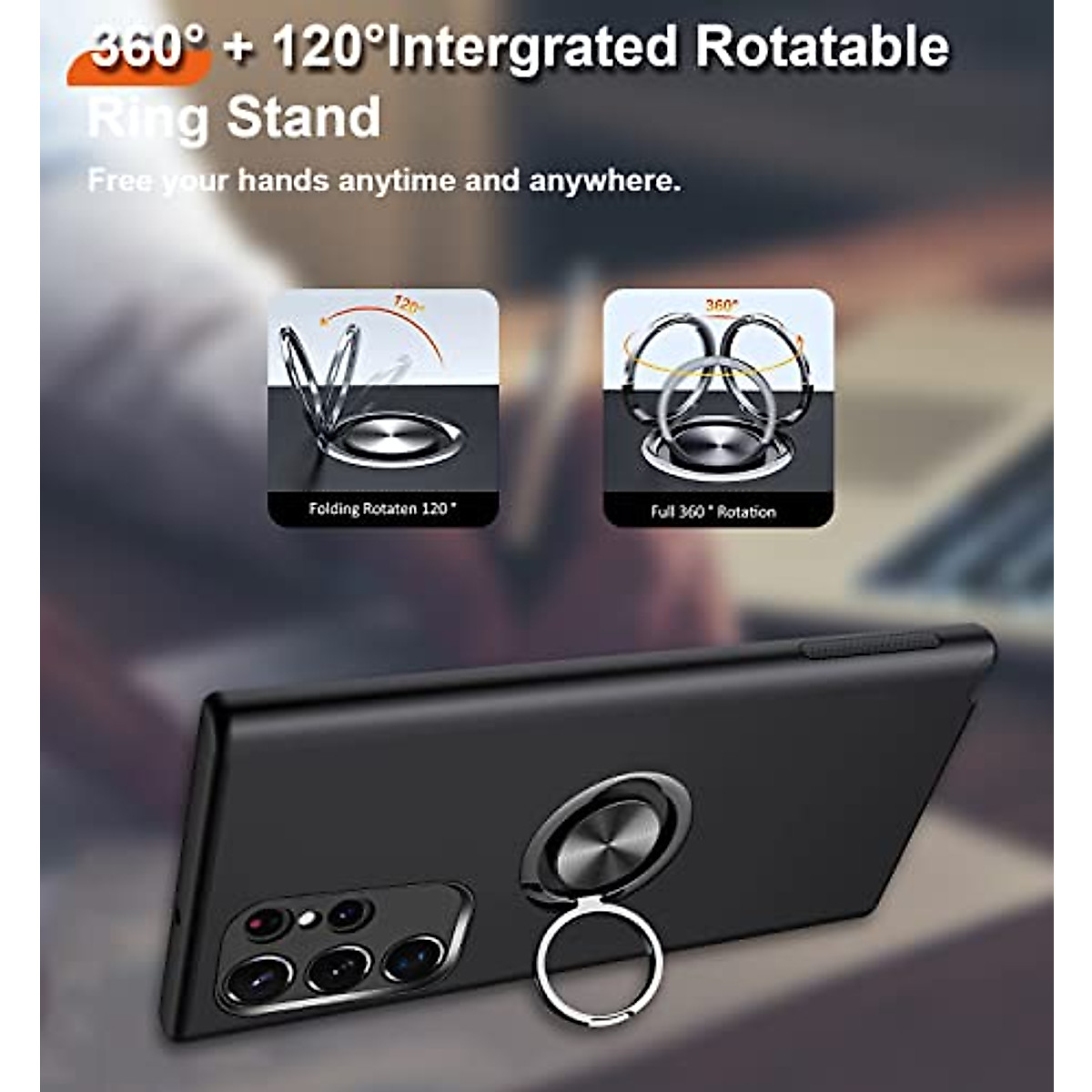 iDLike for Samsung Galaxy S23 Ultra Case, Military Grade Drop Test Shockproof Phone Case Cover with [Full Camera Lens Protection] [Invisible Ring Holder Kickstand],Black