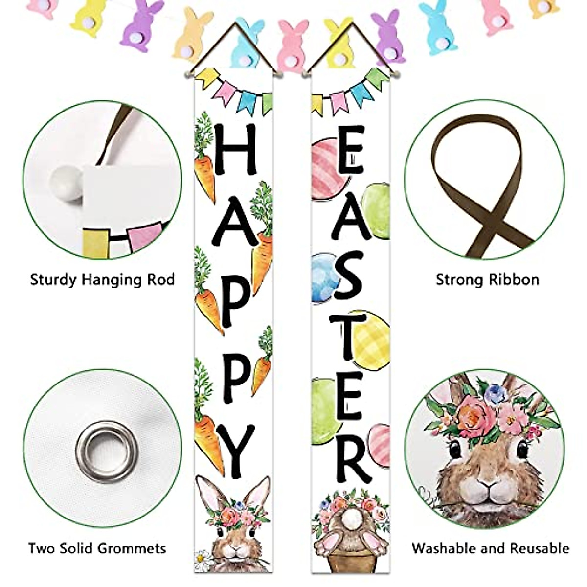 Deroro Happy Easter Bunny Rabbit Porch Banner Sign, Eggs Carrot Front Door Decorative Hanging Welcome Banner Flag, Seasonal Spring Decoration Home Outdoor Decor