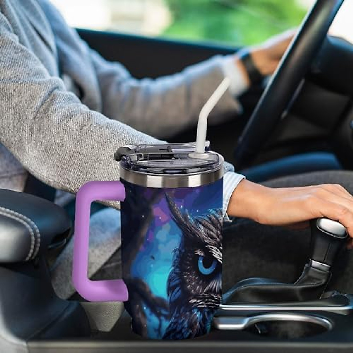 LLUTSNTH 40 Oz Vacuum Tumbler with Violet Handle Leakproof Insulated Tumbler Blue Owl Stainless Steel Travel Mug with Lid And Straw Coffee Cup Cute Water Bottles Cup Holder Friendly