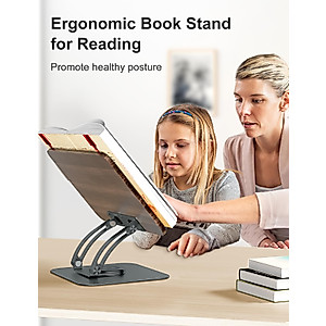 Tounee Book Stand for Reading, Adjustable Book Holder with 360° Swivel Base, Foldable Cookbook Stand Recipe Book Holder with Elastic Page Clips for Music Scores, Recipe, Tablet, Laptop-Gray