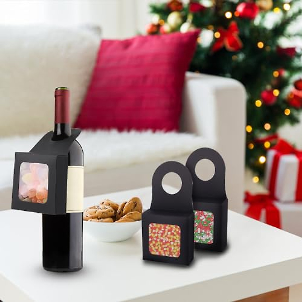 DIYDEC 25pcs Kraft Paper Wine Bottle Box with Window Foldable Black Wine Candy Boxes for Christmas New Year Wedding Parties Favor Wine Accessory Sets