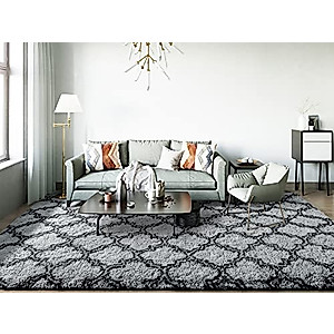 Keeko Large Fluffy Rugs, 8x10ft Fuzzy Area Rug for Living Room, Modern Geometric Plush Carpets for Bedroom, Soft Kid's Room Shaggy Rug, Nursery Room Decor Rug,Grey and Black