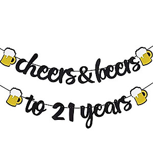 21th Birthday Decorations,Cheers & Beers to 21 Years Banner Black Glitter Banner for 21th birthday Backdrop Wedding Aniversary Party Supplies Decorations - PRESTRUNG