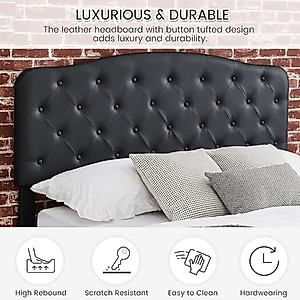 GAOMON Queen Size Platform Bed Frame with Button Tufted Headboard, Faux Leather Upholstered Mattress Foundation, Wooden Slat Support, No Box Spring Needed, Black