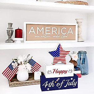 4th of July Patriotic Decorations, 3Pcs Wooden Signs, Fourth of July Red White and Blue Decorations, Memorial Day Independence Day July 4th Decor for Home Tiered Tray Decor