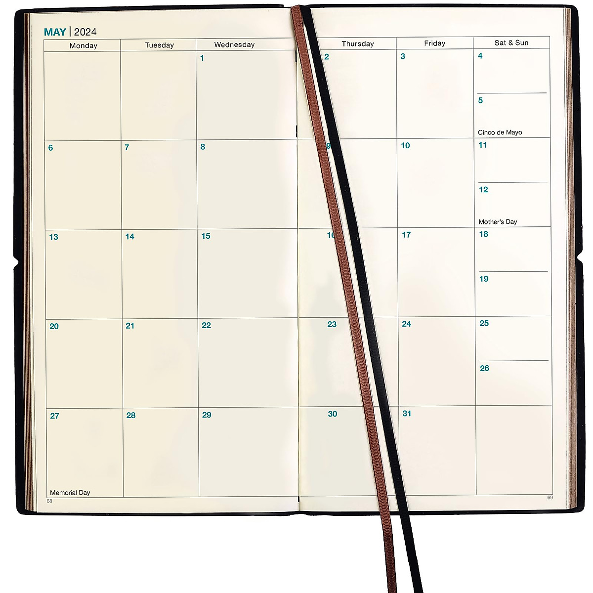 2024 Planner/Pocket Calendar 4"x7": 14 Months (Nov 2023 - Dec 2024) Weekly, Monthly Calendars, Leather Material, Elastic Closure, Decorative Stitching, Page Finder Ribbons and Notes Pages(Brown/Black)