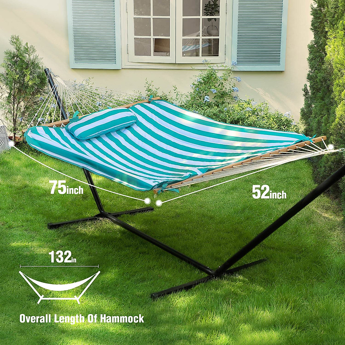 Double Outdoor Hammock with Stand, 2 Person Cotton Rope Hammock with Polyester Pad and Pillow for Backyard Porch Patio Garden