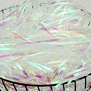 Thintinick 250 Grams Iridescent Plastic Hamper Shreds DIY Gift Wrapping Confetti Basket Filler Party Supplies (Iridescent White)