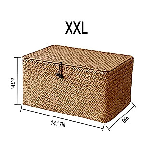 Sobotoo Wicker Storage Box with Lid, Natural Hand-woven Rattan Storage Box, Rectangular Household Organizer Boxes Shelf Wardrobe Organizer (XXL)