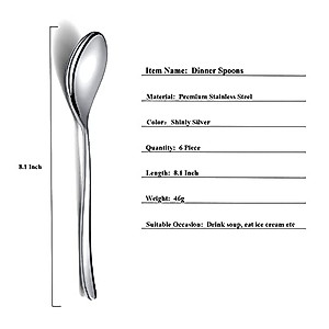 Dinner Spoons 6 Piece, 8.1'' Stainless Steel Tablespoons, Soup Spoons, Dessert Spoons, Spoons Silverware for Home, Kitchen or Restauran,Dishwasher Safe (Silver)