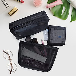 Aosbos 3 Pieces Mesh Makeup Bag Mesh Cosmetic Bag Purse Pouch Zipper Mesh Travel Bag Travel Purse Organizer Portable Pouch Bag Mesh Toiletry Bag for Home Office Travel Accessories, Black