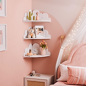Beskadi Cloud Floating Corner Shelves - Set of 3 Cloud Corner Wall Shelves for Kid’s Room, White Corner Shelf Nursery Wall Deor, Small Cute Cloud Dispaly Shelf Wall Mounted for Toys, Plants & Storage.
