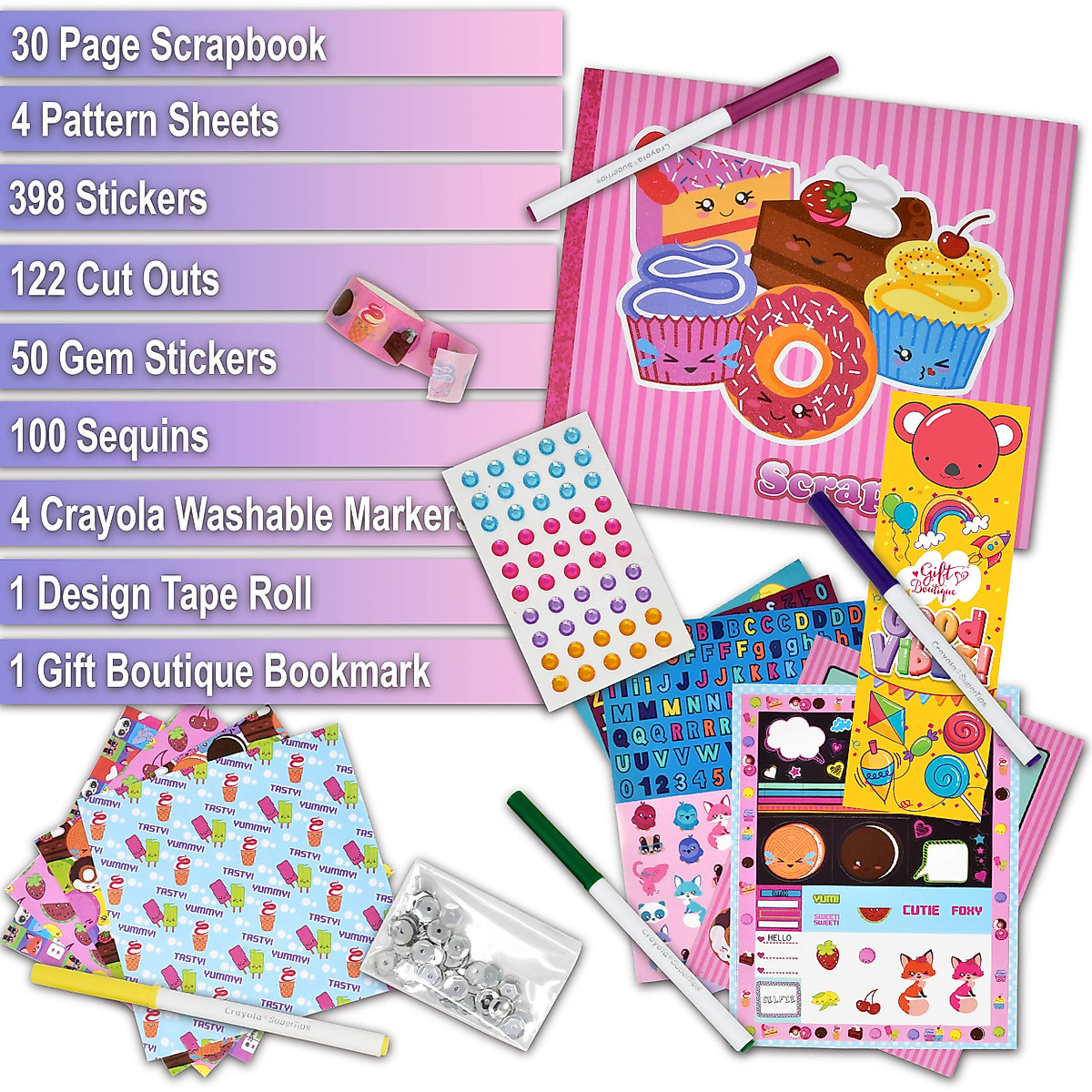 Crayola Scrapbook Activity Craft Kit, Mess Free Journal Set for Kids, Drawing Art Supplies Included Scrapbook, Pattern Sheets, Cut Outs, Gem Stickers, Sequins, Crayola Washable Markers, Tape and