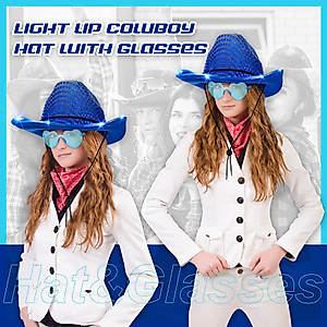 Zhanmai 3 Pack Lights Cowboy Hat LED Light up Sequins Cowgirl Hat and Heart Glasses Set for Flashing Retro Party Accessories(Blue)