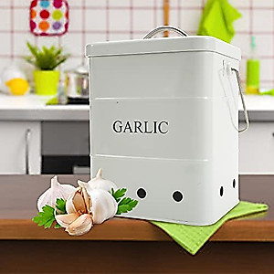 Garlic Container with Lid and handle, Sealed Food Storage Bin for Kitchen, Vegetable Fresh Keeper with Aerating Tin Storage Holes (White)