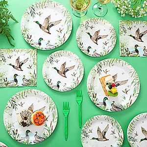 Sunnyray 96 Pcs Mallard Duck Party Decorations Supplies Duck Hunting Birthday Party Tableware Set Mallard Duck Baby Shower Plates Napkins Forks for 24 Guests