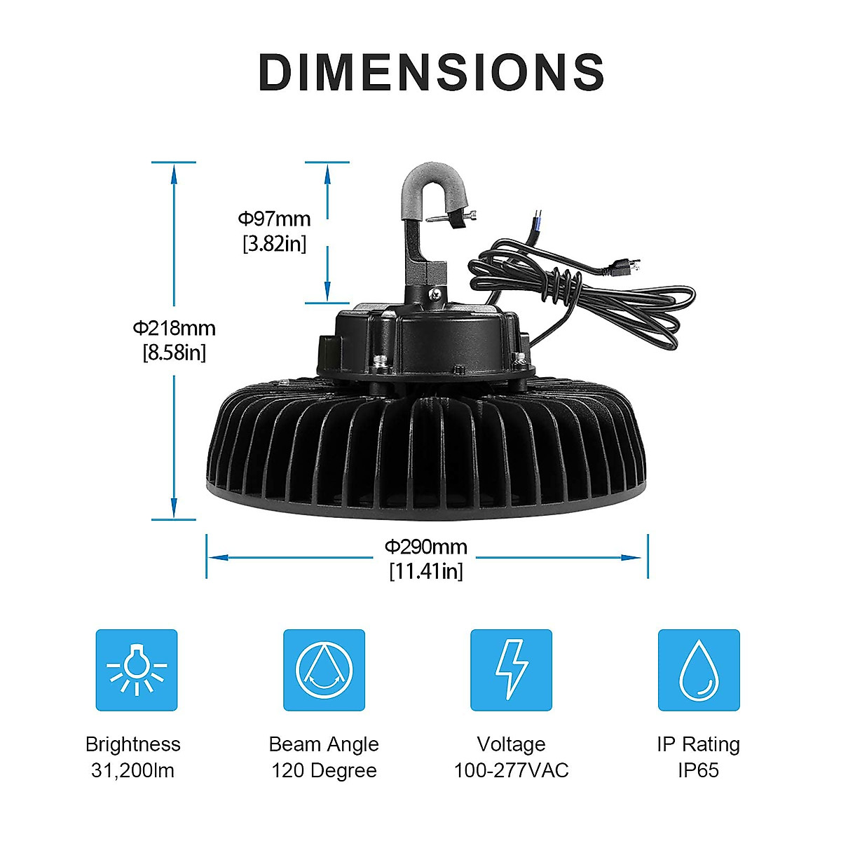 KOTLIN LED High Bay Light 240W 33,600LM 1-10V Dimmable 5000K UFO Garage LED Light 5' Cable with US Plug Hanging Hook Safe Rope 100-277V LED Shop Lights for Garage, Barn, Workshop, Warehouse, Factory