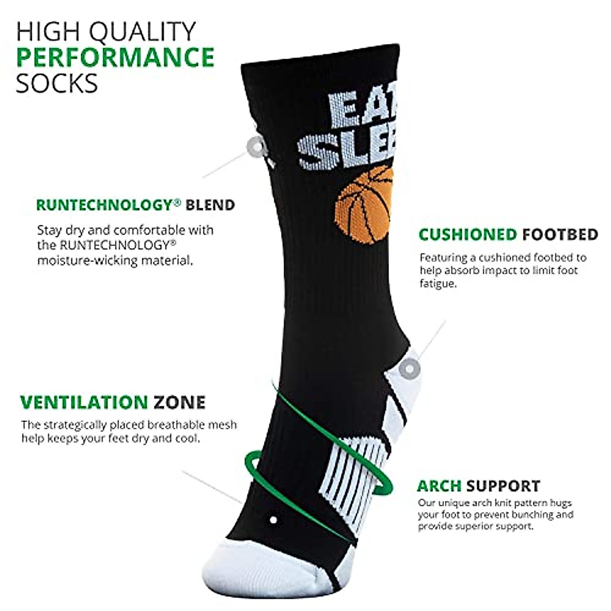ChalkTalkSPORTS Basketball Adult Athletic Mid-Calf Woven Socks | Eat Sleep Basketball | Black
