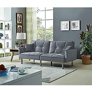 Legend Furniture Velvet Sofa Bed Sleeper with Pillow Sofabed, Grey