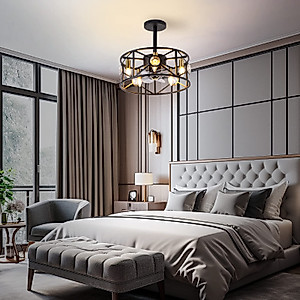 PAZALA Ceiling Fan with Light - Black Caged Ceiling Fan with Lights and Remote, Rustic Farmhouse Chandelier Ceiling Fan with 5 Lights, 3 Speed Reversible Airflow