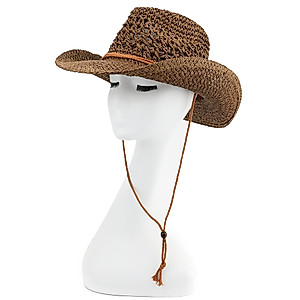 Melesh Adult Sun Straw Western Cowboy Hat (Coffee)
