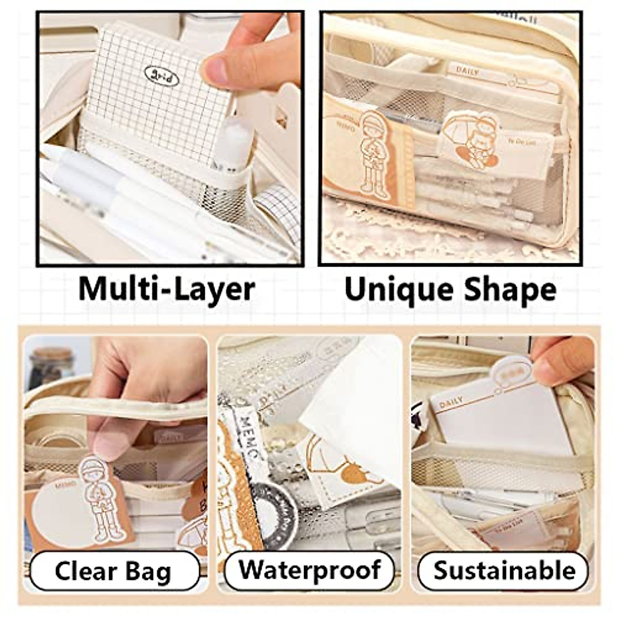 Clear Cute Pencil Case Kawaii Pencil Case Multi-Layer Aesthetic Pencil Pouch Marker Case Holder Storage Bag (Beige)