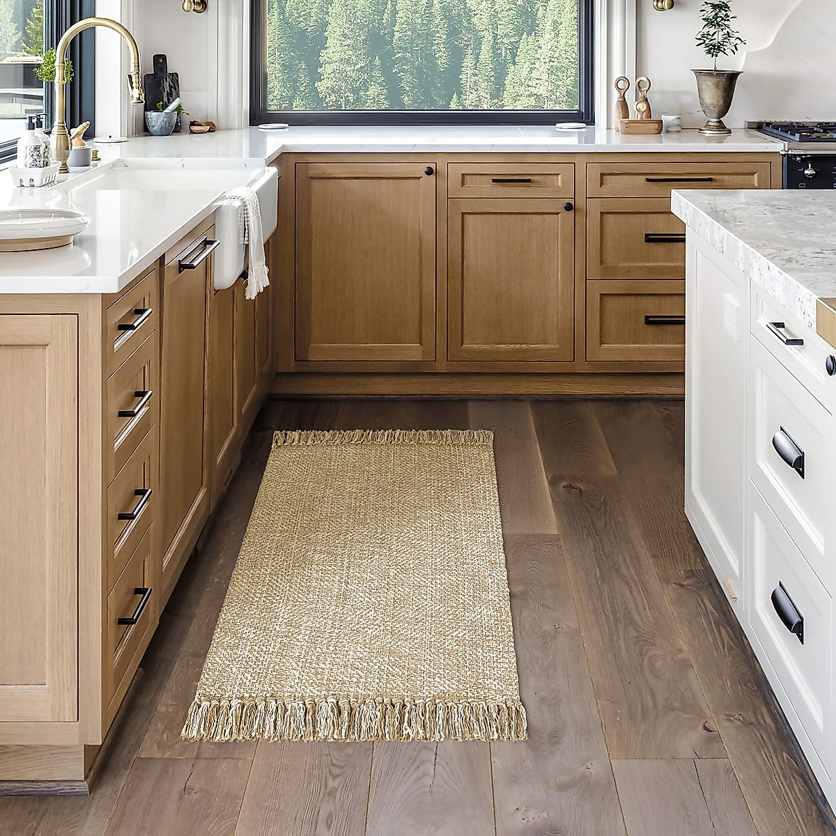 MitoVilla Boho Bathroom Small Rug 2'x3', Tan Cream Cotton Woven Throw Rugs for Living Room, Modern Farmhouse Washable Kitchen Rugs, Area Rugs Floor Mat with Tassel for Entryway, Hallways