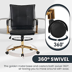 MOJAY Mid-Back Ergonomic Leather Office Desk Chair, Modern Upholstered Computer Chair, Executive Office Chair with Arms, Swivel Adjustable Rolling Chair with Gold Base (Black)