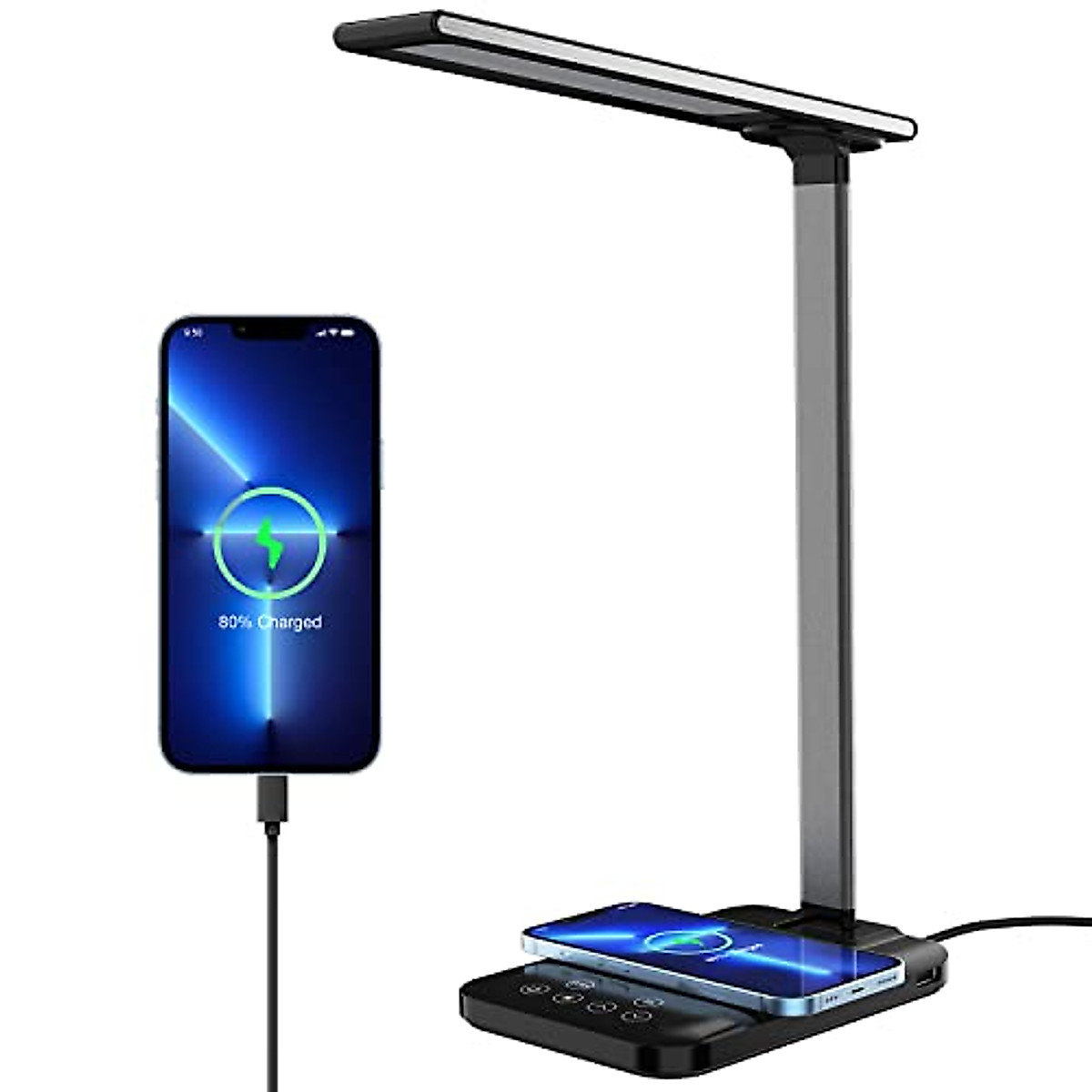 Becament LED Desk Lamp with Wireless Charger, USB Charging Port, 5 Color Modes with 5 Brightness Levels, Dimmable Home Office Lamp, Touch Control, 30/60 Min Timer, Eye-Caring Reading Table Lamp, Black