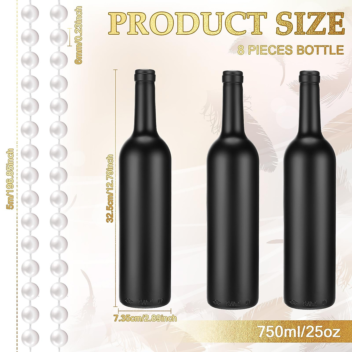 Umigy 49 Pcs Roaring 20s Party Decorations 8 Matte Coated Glass Wine Bottles 40 Dipped Feather 16.4 feet Long String of Pearls Bead for 1920s Themed Wedding Cake Table Centerpiece (Black)