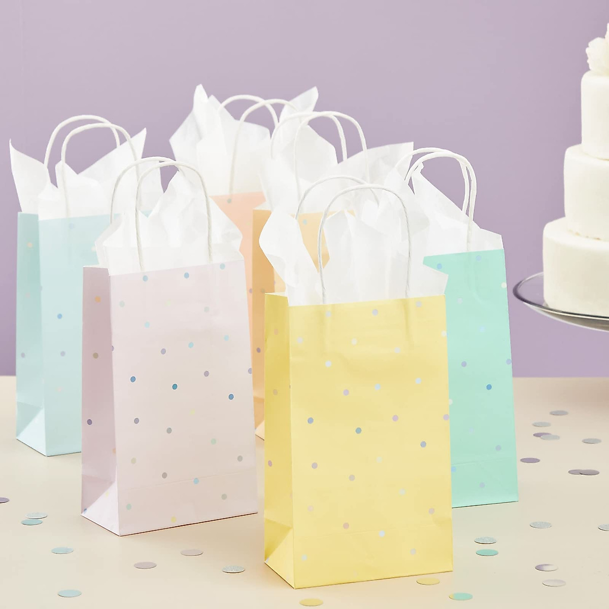 BLUE PANDA 36 Pack Small Polka Dot Rainbow Gift Bags with Handles and White Tissue Paper for Birthdays, 6 Pastel Colors (9 x 6 x 3 In)