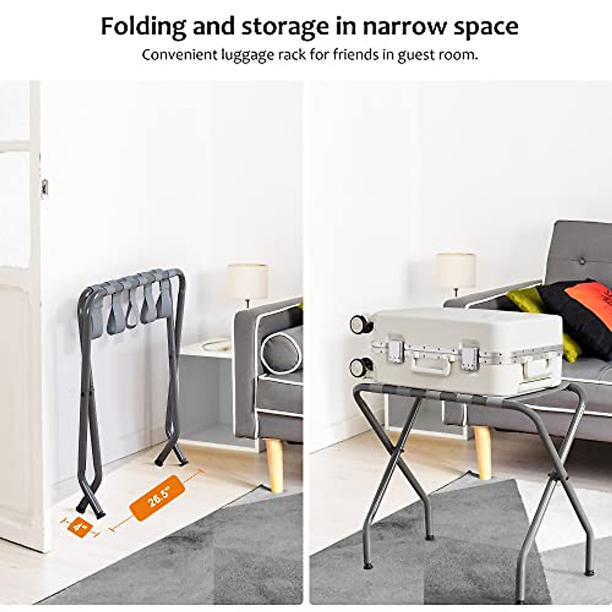 ELYKEN 2 Pack Folding Luggage Rack for Guest Room, Heavy Duty Max 110LBS Loading Bearing Suitcase Holder, Easily Assemble Metal Stand, Narrow Foldable Space Saving Hotel Storage Rack, Grey