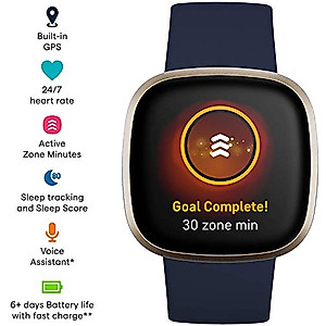 Fitbit Versa 3 Health & Fitness Smartwatch W/ Bluetooth Calls/Texts, Fast Charging, GPS, Heart Rate SpO2, 6+ Days Battery (S & L Bands, 90 Day Premium Included) International Version (Blue/Gold)