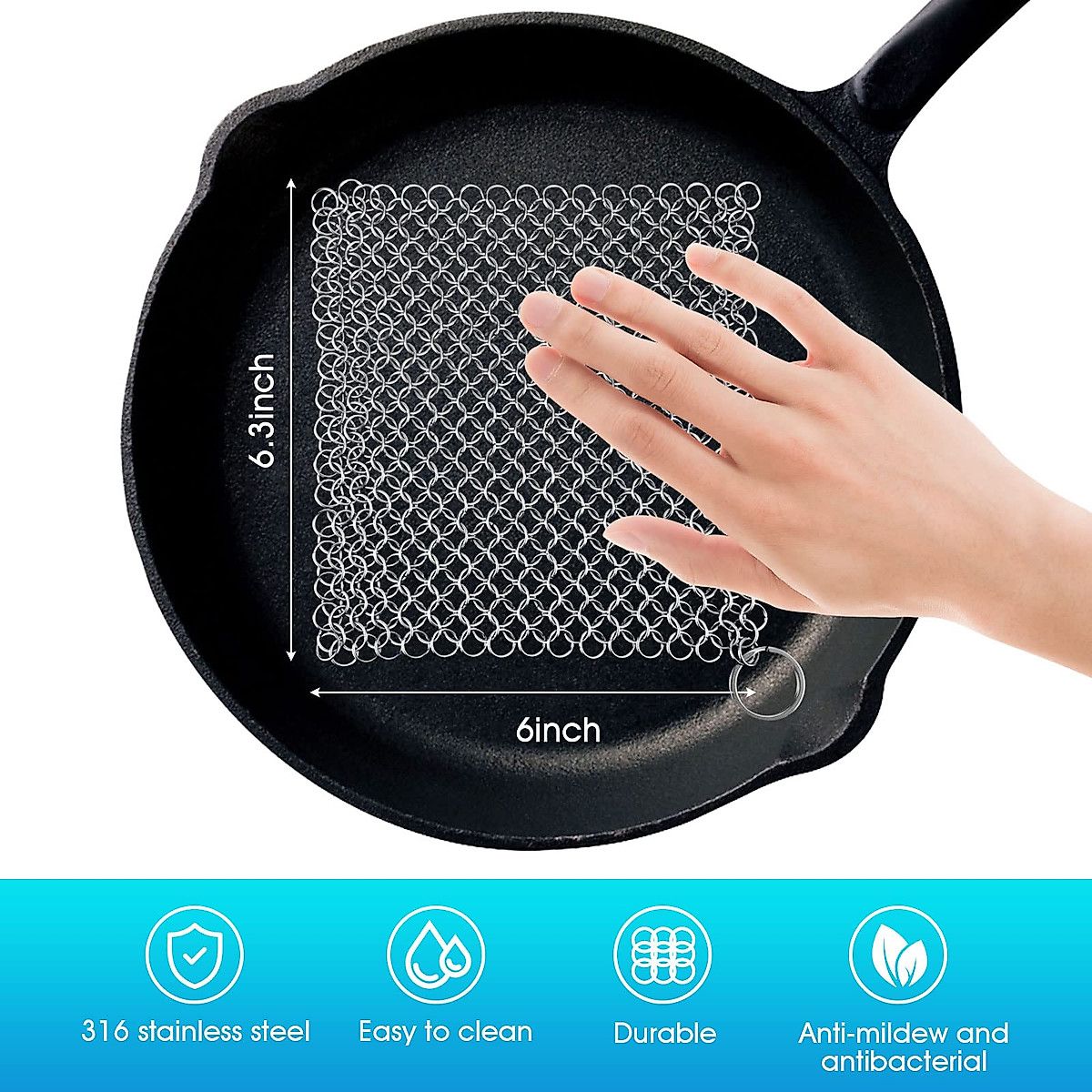 Cast Iron Scrubber 6" x 6.3" Premium 316L Cast Iron Cleaner Scrubber for Skillet, Wok, Pot, Pan; Pre-Seasoned Pan Dutch Ovens Waffle Iron Pans Scraper Cast