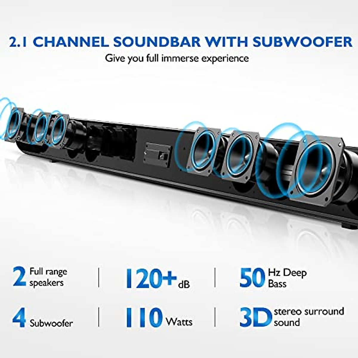 Sound Bar Soundbar TV Speaker: 110 Watt 2.1 CH Surround System Home Theater with Built-in Subwoofer Wireless Wired Bluetooth 5.0 Optical AUX HDMI-ARC RCA USB Connectivity