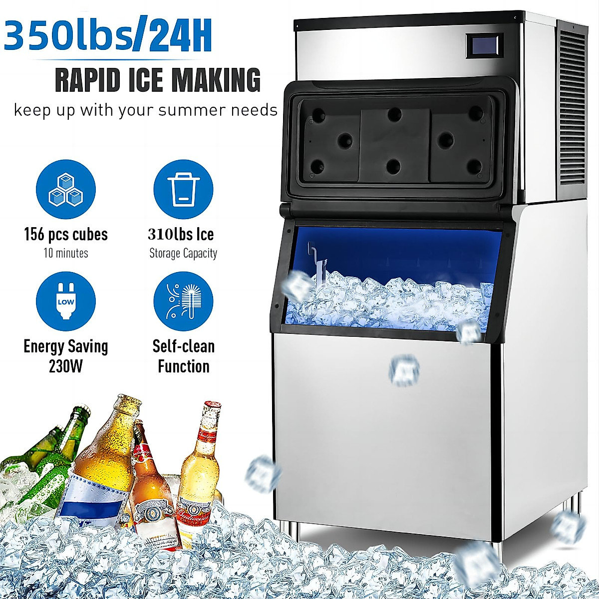 Commercial Ice Maker Machine 350LBS/24H, 310LBS Large Storage Bin, 14x13 Ice Cube, Stainless Steel, for Restaurant/Bar/Business…