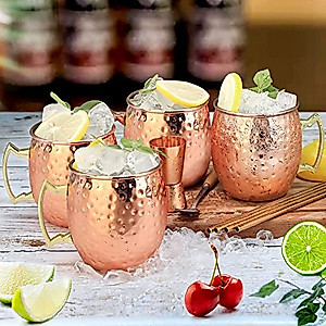 Moscow Mule Mugs Copper Mule Cup Kit 18oz Set of 4 with Handle Large Copper Hammered Plating Cups with 0.5oz Double Jigger, Stainless Steel Straws, Spoon for Cold Drinks Cocktails Wine