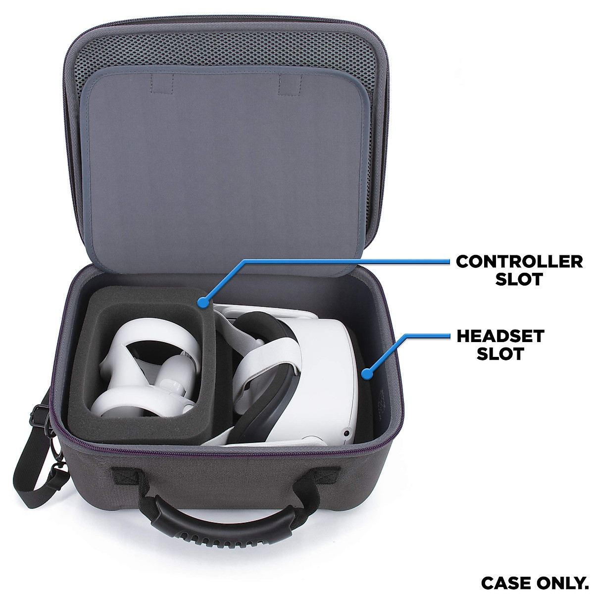 CASEMATIX Hard Shell Travel Case Compatible with Oculus Quest 2 - Protective Travel Case for VR Headset and Controllers with Impact-Absorbing Foam, Shoulder Strap and Zipper Accessory Storage