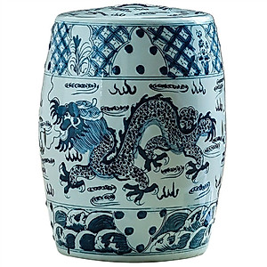 KIROJA Decorative Ceramic Garden Stool, Glazed Hollow Celadon Shoe-Changing Stool Drum Stool, Suitable for Outdoor Garden, Living Room, Terrace, Etc.