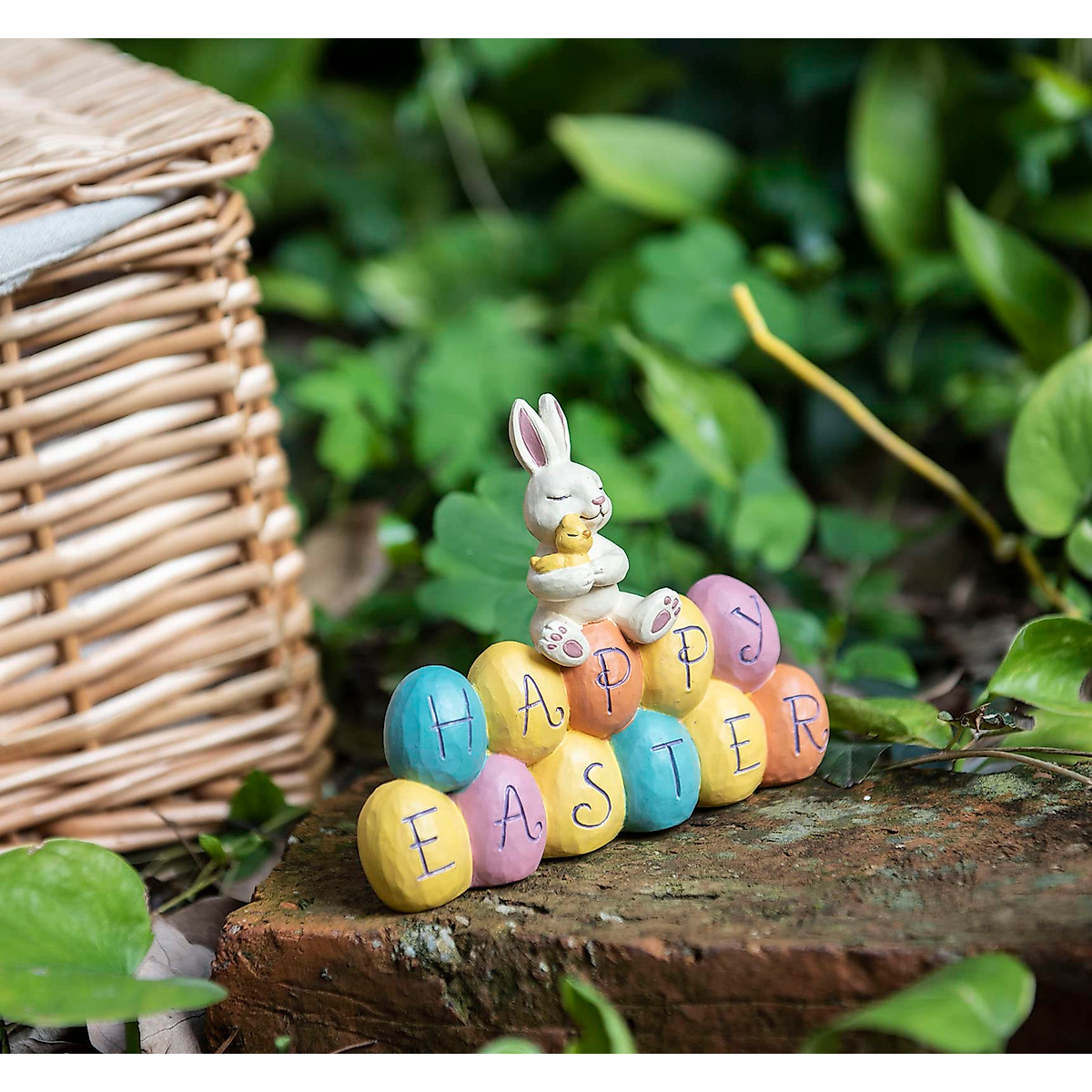 Easter Bunny Figurine Decorations - Hand Painted Sping Rabbit Statue Ornament - Easter Animal Tabletopper Accessories Sculpture for Party,Garden,Home Decorations,4.8 Inch,Polyresin