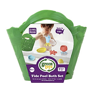 Green Toys Tide Pool Bath Set - 7 Piece Pretend Play, Motor Skills, Kids Bath Toy Floating Pouring Shells with Storage Bag. No BPA, phthalates, PVC. Dishwasher Safe, Recycled Plastic, Made in USA.
