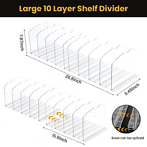 CINPIUK Adjustable Closet Shelf Divider Acrylic Purse Organizer for Closet, Clear Handbag Shelf Dividers, Detachable Separator Rack for Bedroom, Kitchen, Office, Bathroom, 10 Compartments