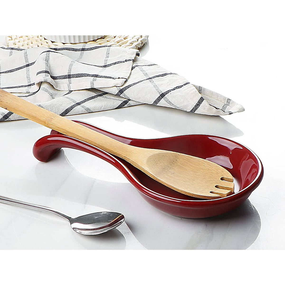 ONEMORE Ceramic Spoon Rest for Stove Top - Extra Wide Heat-Resistant Ladle Holder for Kitchen Counter Utensils/Tools - Large, Red