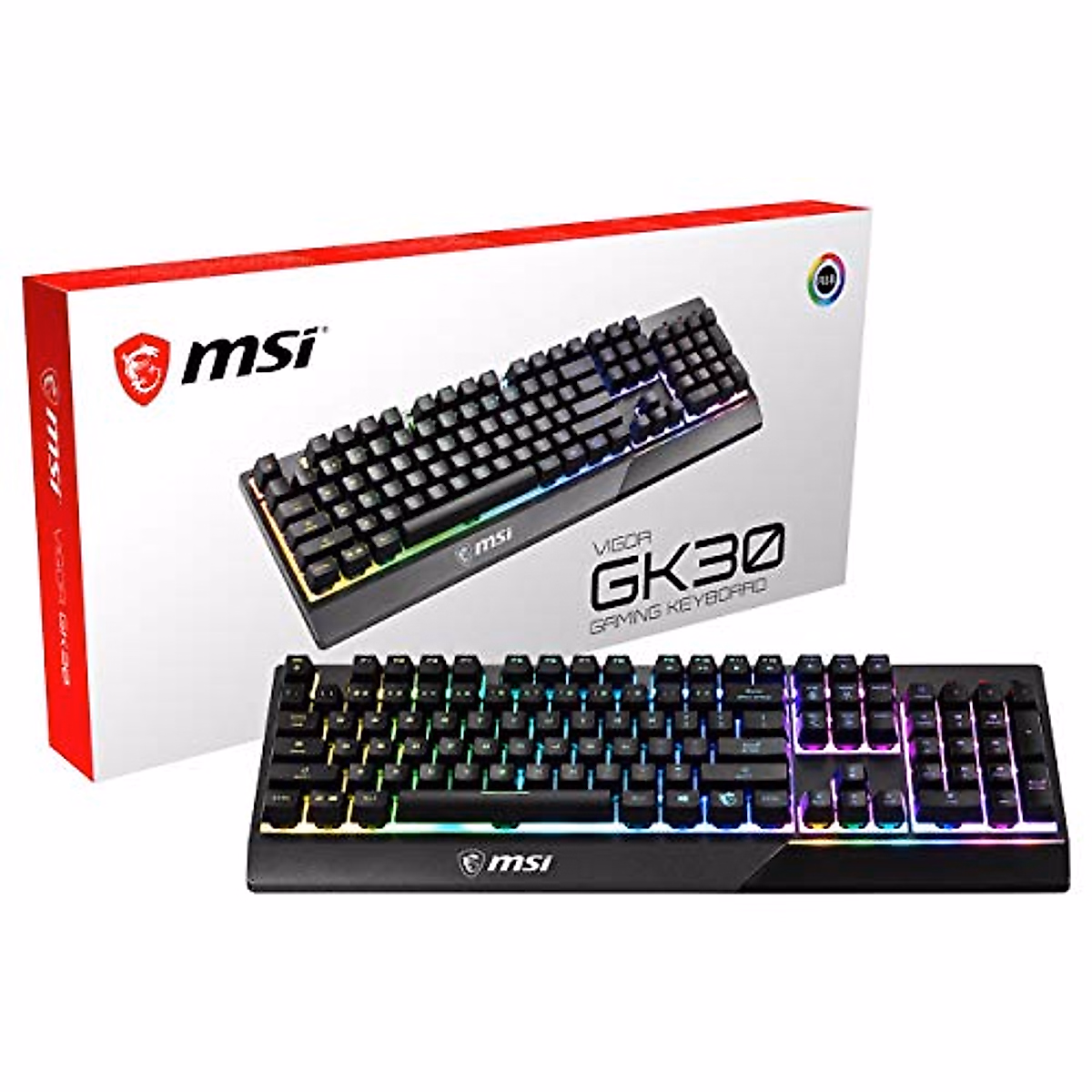 MSI Vigor GK30 RGB Gaming Keyboard, 6-Zone RGB Lighting, Water Repellent & Splash-Proof, Mechanical-Like Plunger Switches