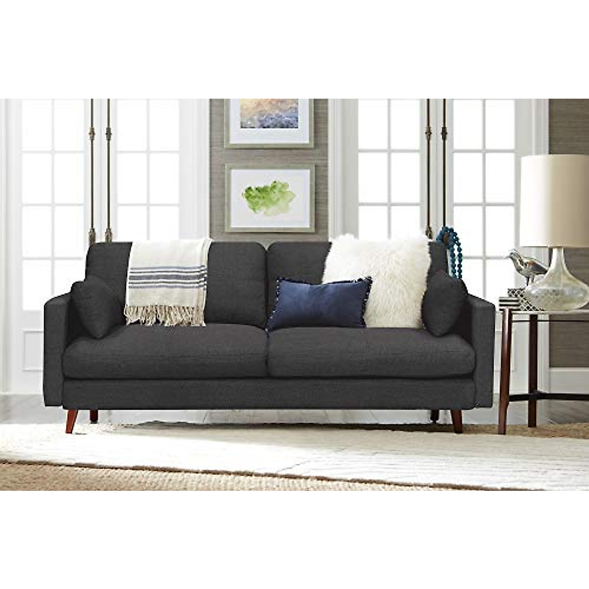 Elle Decor Alix Upholstered Living Room Sofa, Tufted Fabric Couch, Mid-Century Walnut Tapered Footers, 78" Sofa, Charcoal
