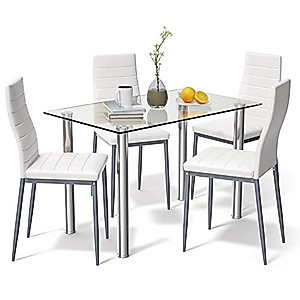 Tangkula 5 PCS Dining Table Set, Modern Tempered Glass Top and PVC Leather Chair w/4 Chairs, Dining Room Kitchen Furniture (White and Silver)