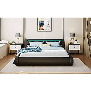 Epinki Black Upholstered Faux Leather Platform Bed with a Hydraulic Storage System with Led Light Headboard Bed Frame with Slatted Queen Size