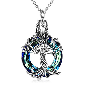 TOUPOP Cremation Jewelry Sterling Silver Tree of Life Urn Necklace for Ashes with Blue Circle Crystal Keepsake Jewelry w/Funnel Filler Gifts for Women Girls Friend