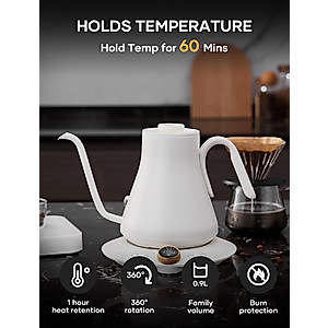 Cocinare Electric Gooseneck Kettle with Temperature Control, Pour Over Coffee & Tea, 1200W for 180-sec Quick Boil Time, Stainless Steel Kettle Water Boiler, 30oz/0.9L (White)