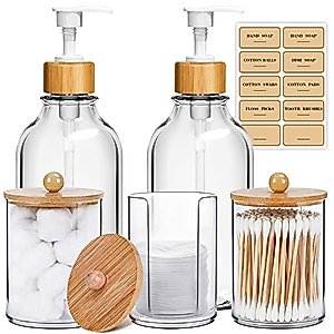 MIERTING Bathroom Accessories Set 5 Pcs, Bamboo Bathroom Accessory Sets Complete, Soap Dispenser and Toothbrush Holder Set, Qtip & Cotton Ball Holder, Boho Bathroom Decor, Housewarming Gift